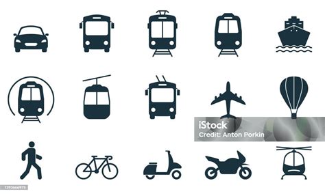 차량 공기 철도 자전거 오토바이 운송 실루엣 아이콘 세트 자동차 버스 트램 기차 지하철 비행기 및 선박 문자 기호 대중 교통 정류장 표지판 격리된 벡터 일러스트 레이 션