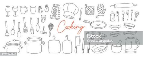 주방 용품 개요 스케치 세트입니다 주방용품과 식기류 세라믹 접시 머그잔 컵 와인 잔 프라이팬 체 소쿠리 박격포 롤링 핀 강판에 대한 스톡 벡터 아트 및 기타 이미지 Istock