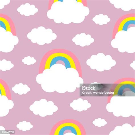 원활한 패턴 구름 다채로운 무지개입니다 귀여운 만화 가와이 재미 아기 아이 장식입니다 포장지 섬유 템플릿 보육 장식 보라색