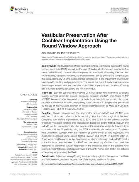 Pdf Vestibular Preservation After Cochlear Implantation Using The Round Window Approach