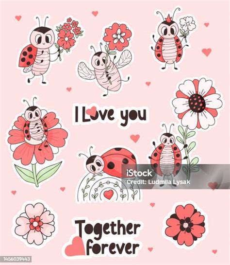 멋진 무당 벌레와 사랑을 스티커로 설정하십시오 무지개에 꽃과 낭만적인 벌레가 있는 귀여운 곤충 무당벌레 디자인 장식 인쇄 인사말 카드 발렌타인 데이에 대 한 벡터 고립 된