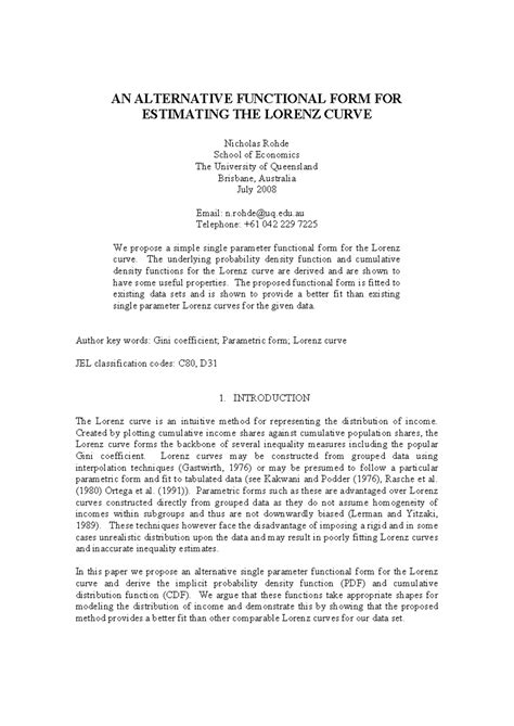 Rohde Estimating Lorenz Curve An Alternative Functional Form For Estimating The Lorenz Curve