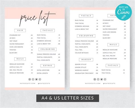 Feminine Price List Template Editable Price List Printable Salon Price List Templates