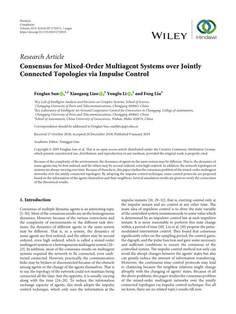 Pdf Consensus For Mixed Order Multiagent Systems Over Jointly Connected Topologies Via Impulse