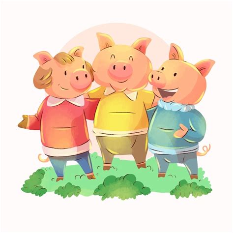 수채화 아기 돼지 세 마리 그림 프리미엄 벡터
