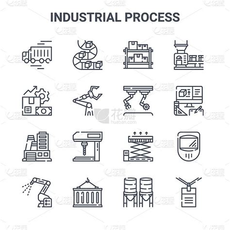 一组16个工业过程概念向量线图标。64x64细描图标，如输送带，生产，产品de，升降机，集装箱，工作素材 花瓣网