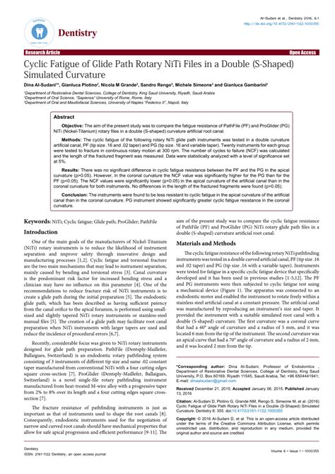Pdf Cyclic Fatigue Of Glide Path Rotary Niti Files In A Double S