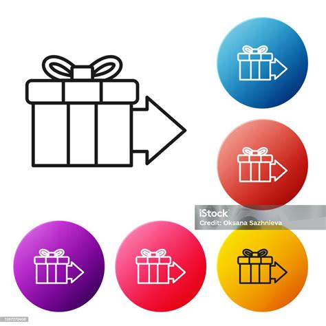 흰색 배경에 격리 된 검은 선 선물 상자 아이콘입니다 아이콘 다채로운 원 버튼을 설정합니다 벡터 일러스트레이션 기념일에 대한