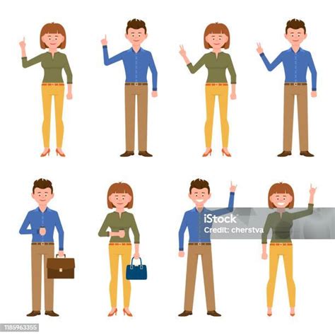 행복 노란색 바지 벡터 일러스트에 파란색 셔츠와 여자에 행복 미소 남자 가리키는 손가락 흔들기 커피와 함께 서 전면 보기 승리 기호 소년과 흰색 배경에 설정 된 소녀 만화