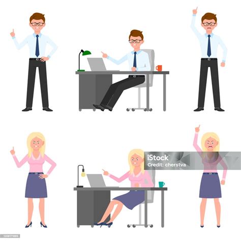 화가 스트레스 미친 불행한 남자와 여자 벡터 그림 소리 지르고 손가락을 가리키고 흰색에 설정 된 소년과 소녀 만화 캐릭터를 꾸짖는다 직원에 대한 스톡 벡터 아트 및 기타