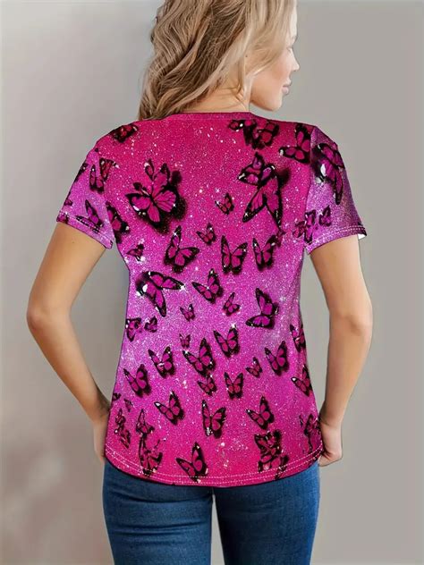 나비 프린트 크루 넥 티셔츠 캐주얼한 반팔 여름 데일리 상의 여성 의류 Temu Republic Of Korea