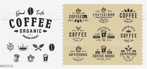 빈티지 커피 로고 세트 카페 레스토랑 커피 숍 엠블럼 및 포스터를위한 10 개의 커피 로고 템플릿과 7 가지 디자인 요소 세트 벡터 일러스트 레이 션 로고에 대한 스톡 벡터