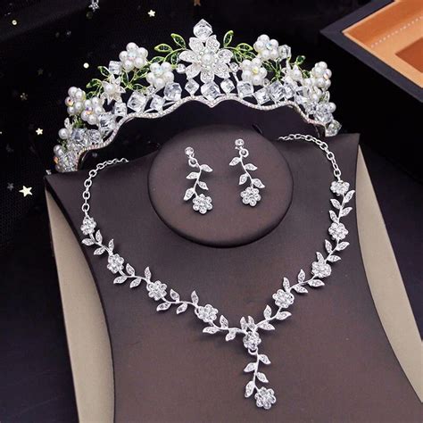 Luxury Crystal Pearl Flower Tiara Necklace Earrings Set Rhinestone