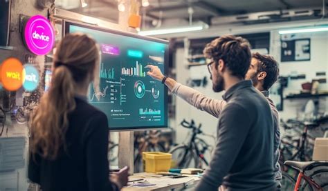 two colleagues analyze data charts on a computer monitor discussing insights from bar graphs