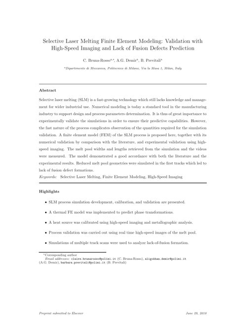 Pdf Selective Laser Melting Finite Element Modeling Validation With High Speed Imaging And