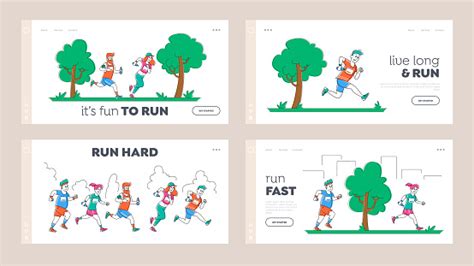 마라톤 방문 페이지 템플릿 세트를 실행하는 사람들 육상 단거리 캐릭터 는 스프린트 레이스 건강한 라이프 스타일 여름 야외 스포츠 활동 조깅 대회를 실행합니다 선형 벡터