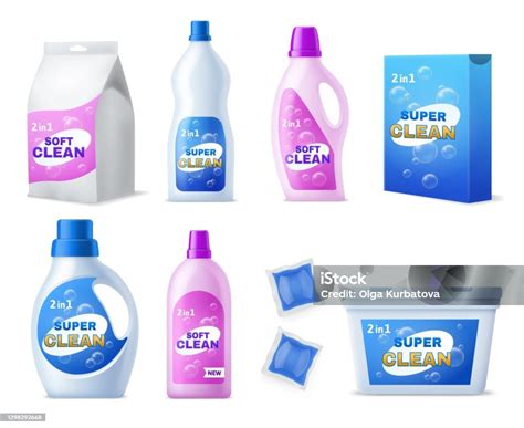 라벨이 붙은 세제 팩 현실적인 가정 또는 세탁 화학 물질 포장 세척 분말 젤 캡슐 및 컨디셔너 청소 제품 브랜딩 템플릿 벡터 3d 모형 세트 세탁용 세제에 대한 스톡 벡터