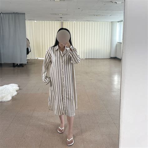 데일리루즈핏재질좋음 스트라이프 셔츠 롱 원피스 에이블리