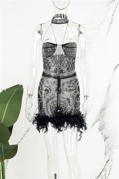 Wholesale Black Sexy Hot Drilling Patchwork See Through Feathers