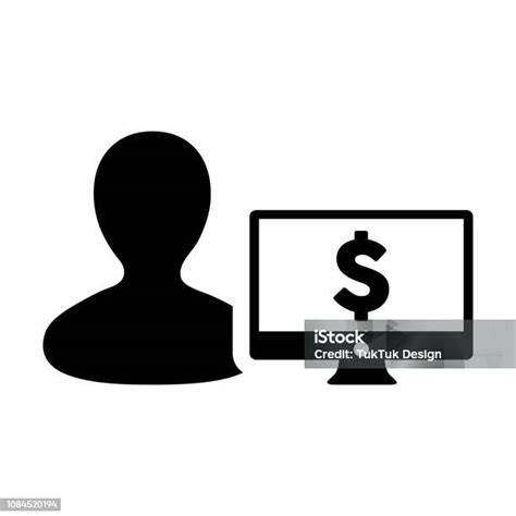 컴퓨터 모니터와 달러 기호 통화 돈 기호 은행 및 평면 색 문양 그림에서 비즈니스에 대 한 금융 아이콘 벡터 남성 사용자 사람