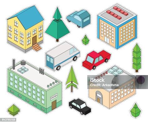 스티커 다른 아이소메트릭 건물의 집합입니다 자동차 녹색 숲 나무입니다 벡터 일러스트 레이 션 아이소메트릭 스타일입니다 0명에 대한 스톡 벡터 아트 및 기타 이미지 Istock