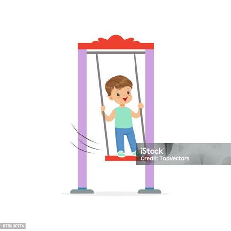 스윙에 서 있는 어린 소년 만화 공공 공원 또는 유치원 놀이터에서 놀이 하는 꼬마 평면 스타일에서 아이 캐릭터 공원에 대한 스톡