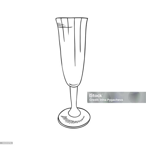 흰색 고립 된 배경에 손으로 그린 샴페인 유리 흑백 그래픽 스타일로 일러스트레이션 낙서 그것은 직물 종이 및 기타 표면의 장식에