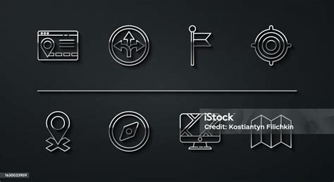 도시지도 내비게이션 위치 대상 스포츠 위치 마커 나침반 도로 교통 표지판 접힌 아이콘 및 아이콘으로 모니터 라인 인포 그래픽을 설정합니다 벡터 거리에 대한 스톡 벡터 아트
