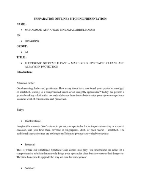Preparation Outline Pitching Presentation Pdf Glasses