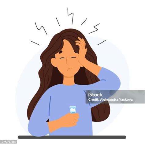 몸이 불편하거나 두통 또는 스트레스를 받는 여성 두통이 있는 캐릭터 건강 개념 걱정하는에 대한 스톡 벡터 아트 및 기타 이미지 걱정하는 건강관리와 의술 건강한 생활