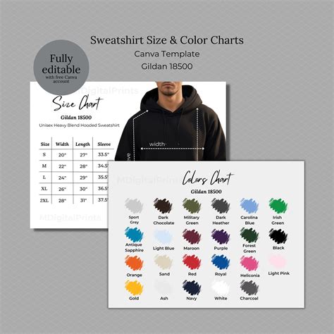 Editable Size Color Chart Canva Template Man Hoodie Gildan 18500 Size Chart Printify Size