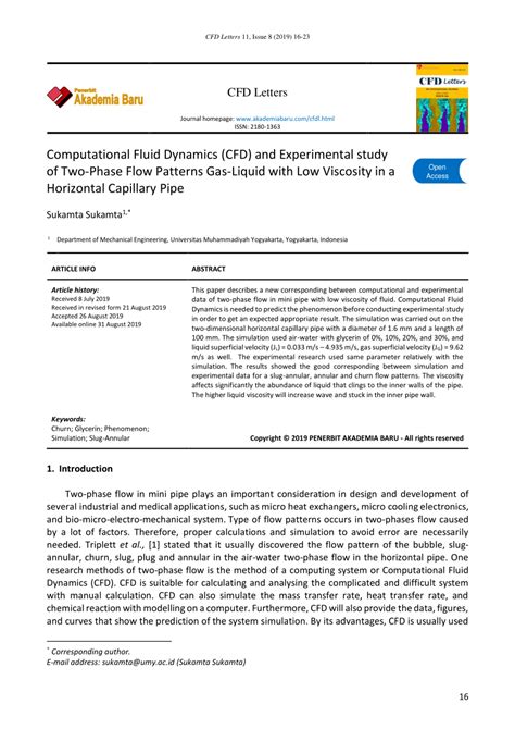 Pdf Cfd Letters Computational Fluid Dynamics Cfd And Experimental