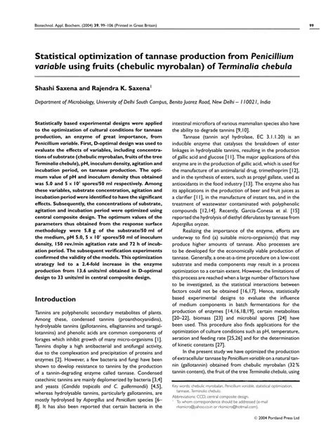 Pdf Statistical Optimization Of Tannase Production From Penicillium Variable Using Fruits