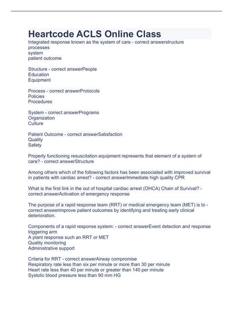 Heart Code Acls Online Class 2023 With 100 Correct Questions And Answers Heartcode Acls