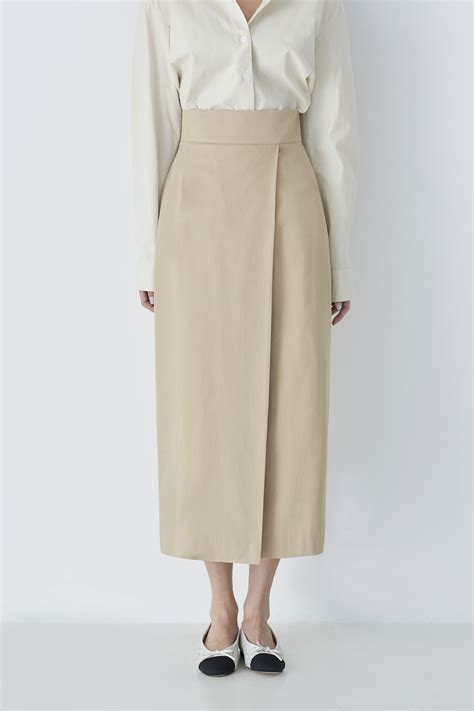리틀마켓 Made 코튼 H라인 랩 롱 스커트 Kb13b3 치마 하이웨스트 트임 면 베이지 하객 오피스 출근 모임 데이트 룩