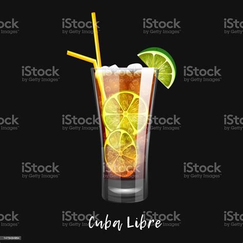 검은 배경에 알콜 칵테일 쿠바 리브레 바 음료 메뉴 용 유리 음료 벡터 그림 쿠바 리브레에 대한 스톡 벡터 아트 및 기타 이미지