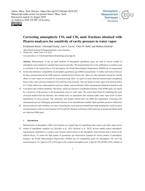 Pdf Correcting Atmospheric Co2 And Ch4 Mole Fractions Obtained With