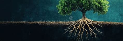 Tree With Roots Resembling A Neural Network Symbolizes Organic Intelligence In A Serene And Dark