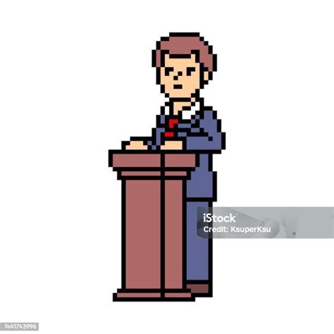 남성 정치인이 나무 토론 연단에 서서 말하고 있으며 흰색 배경에 격리된 픽셀 아트 캐릭터 레트로 8 비트 슬롯 머신 비디오 게임 그래픽 선동적인 선거 캠페인 연사 연단에