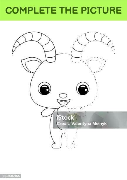 귀여운 염소의 완전한 그려진 그림 색칠 공부 점 복사 게임 필기 연습 그리기 기술 훈련 인쇄 가능한 워크시트 를 개발하는 교육