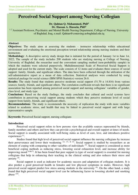 Pdf Perceived Social Support Among Nursing Collegian