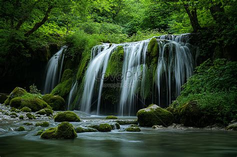무성한 산과 숲 사이의 폭포 풍경