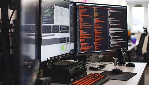 Software Developers Workstation With Monitors Displaying Code And Data