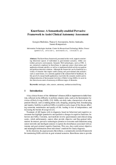 Pdf Knowsense A Semantically Enabled Pervasive Framework To Assist Clinical Autonomy Assessment