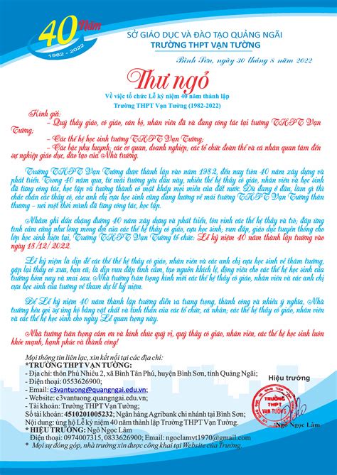 Thư ngỏ nhân dịp kỷ niệm năm thành lập trường Trường THCS và THPT Vạn Tường