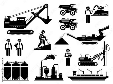 Mining Quarry Site Workers And Heavy Machinery Icons Set Vector Illustrations Of Engineers