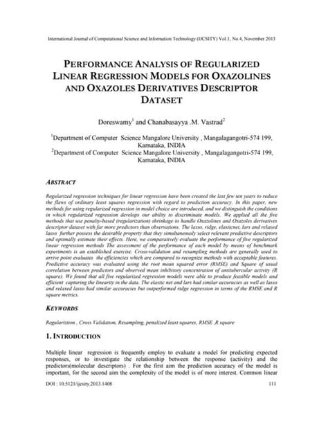 Performance Analysis Of Regularized Linear Regression Models For Oxazolines And Oxazoles