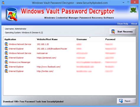 WindowsVaultPasswordDecryptor Showing Recovered Passwords
