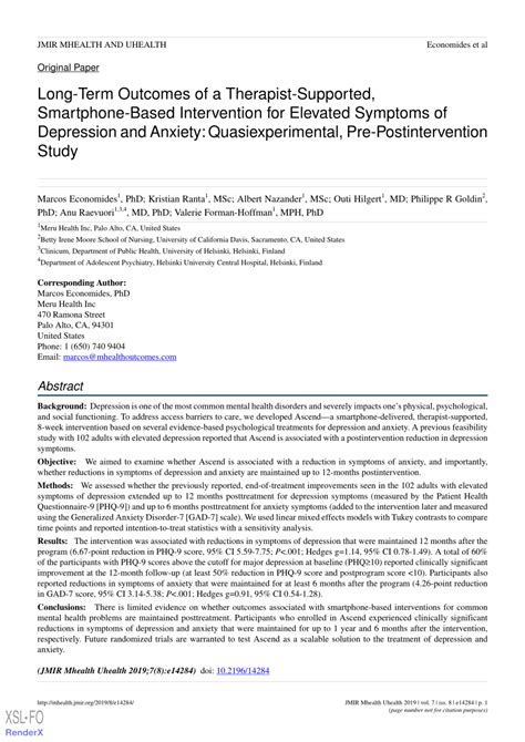 Pdf One Year Outcomes Of A Therapist Supported Smartphone Based Intervention For Elevated