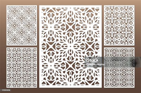 레이저 컷 캐비닛 프렛 워크 아랍어 스타일의 패널을 천공 장식 패널 템플릿 은 외부 절단 설정 속도 34 금속 종이 또는 나무 조각 야외 화면 Diy에 대한 스톡 벡터 아트